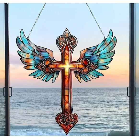 Unbranded | Other | Cross With Wings Suncatcherstained Glass Look 2d ...
